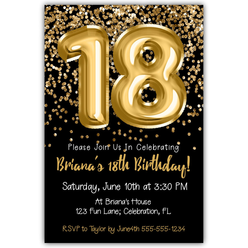 18th Birthday Invitation Gold Balloons Glitter on Black Birthday Party ...