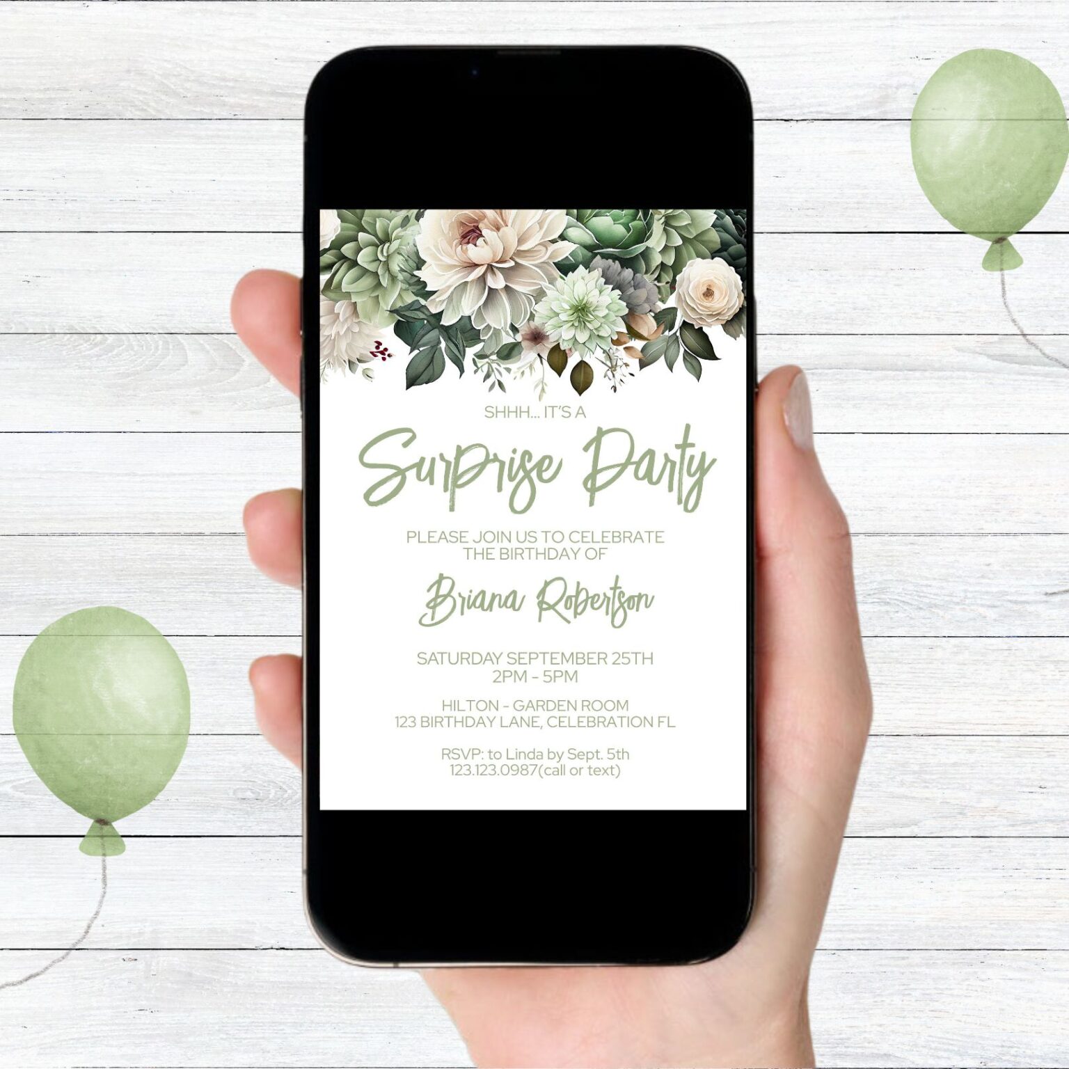 Modern Sage Green Floral Surprise Birthday Party Invitation & Free ...